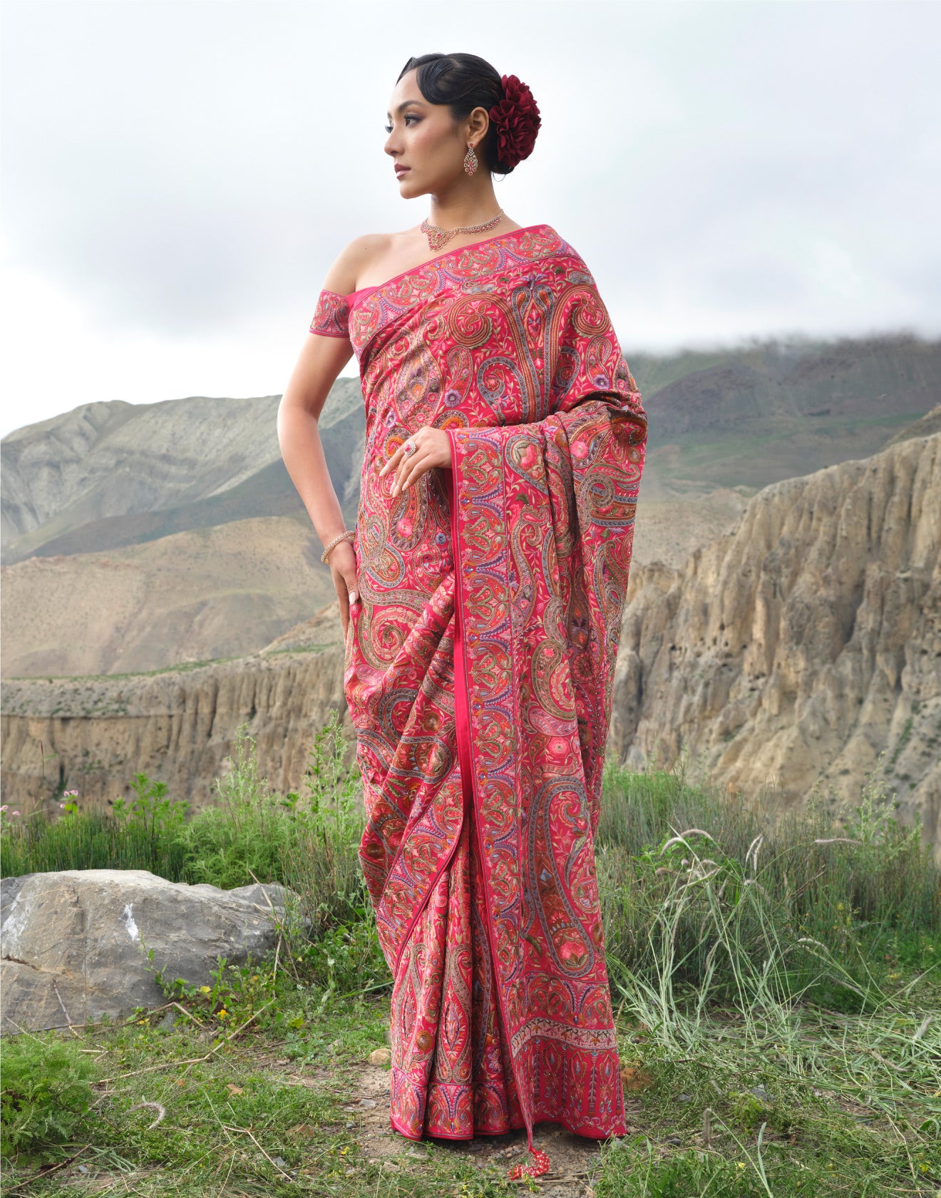 Ruby Red Pashmina Embroidered Saree – Roopkala