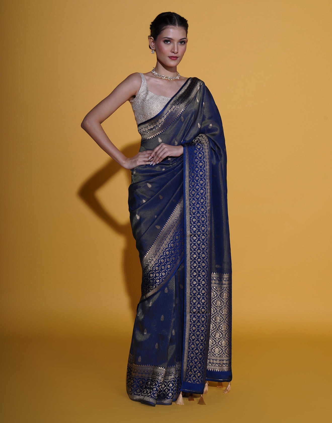 Cosmic Blue With Zari Butti Shimmer Silk Festive Saree – Roopkala