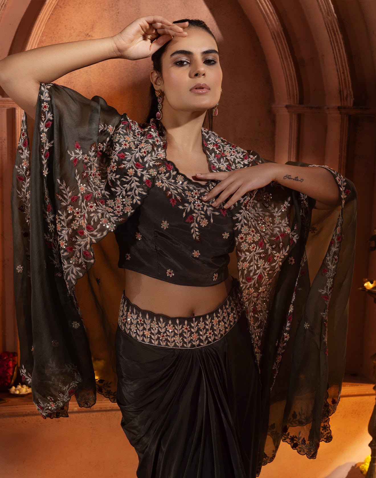 Buy Henna Green Embroidered Festive Fusion Ensemble – Roopkala