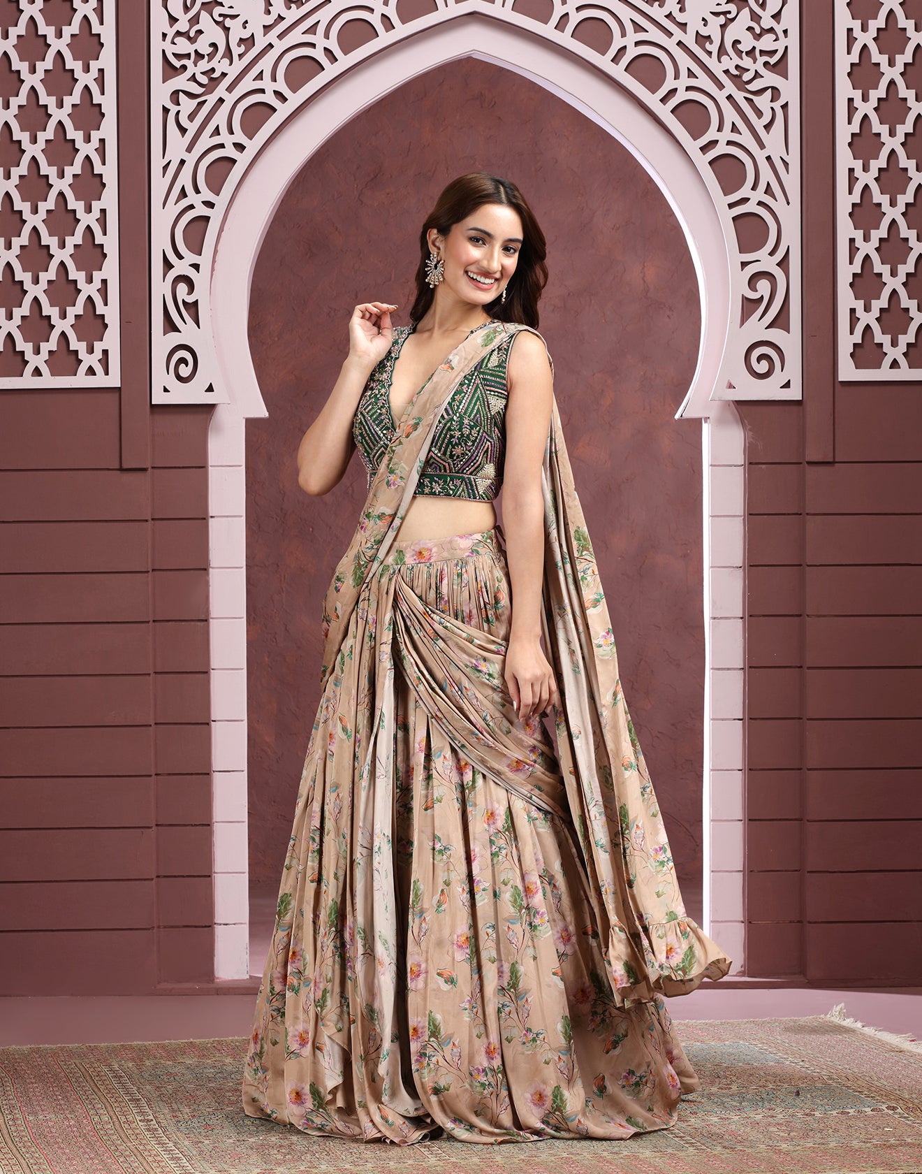 Mocha Musk Vintage Floral Printed Satin Lehenga Set – Roopkala