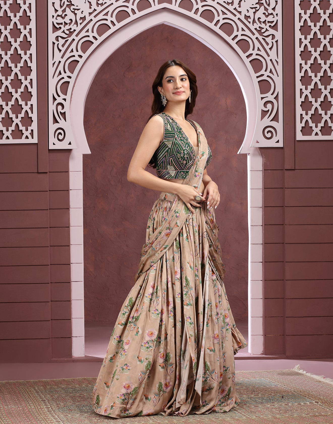 Mocha Musk Vintage Floral Printed Satin Lehenga Set – Roopkala