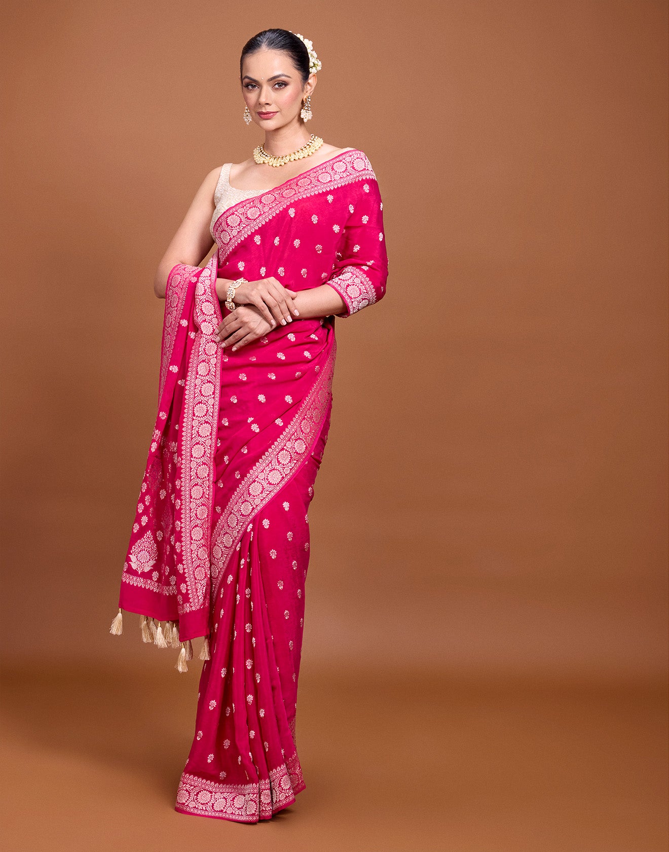 Buy Raani Pink Phool Butta Silk Saree online at Roopkala
