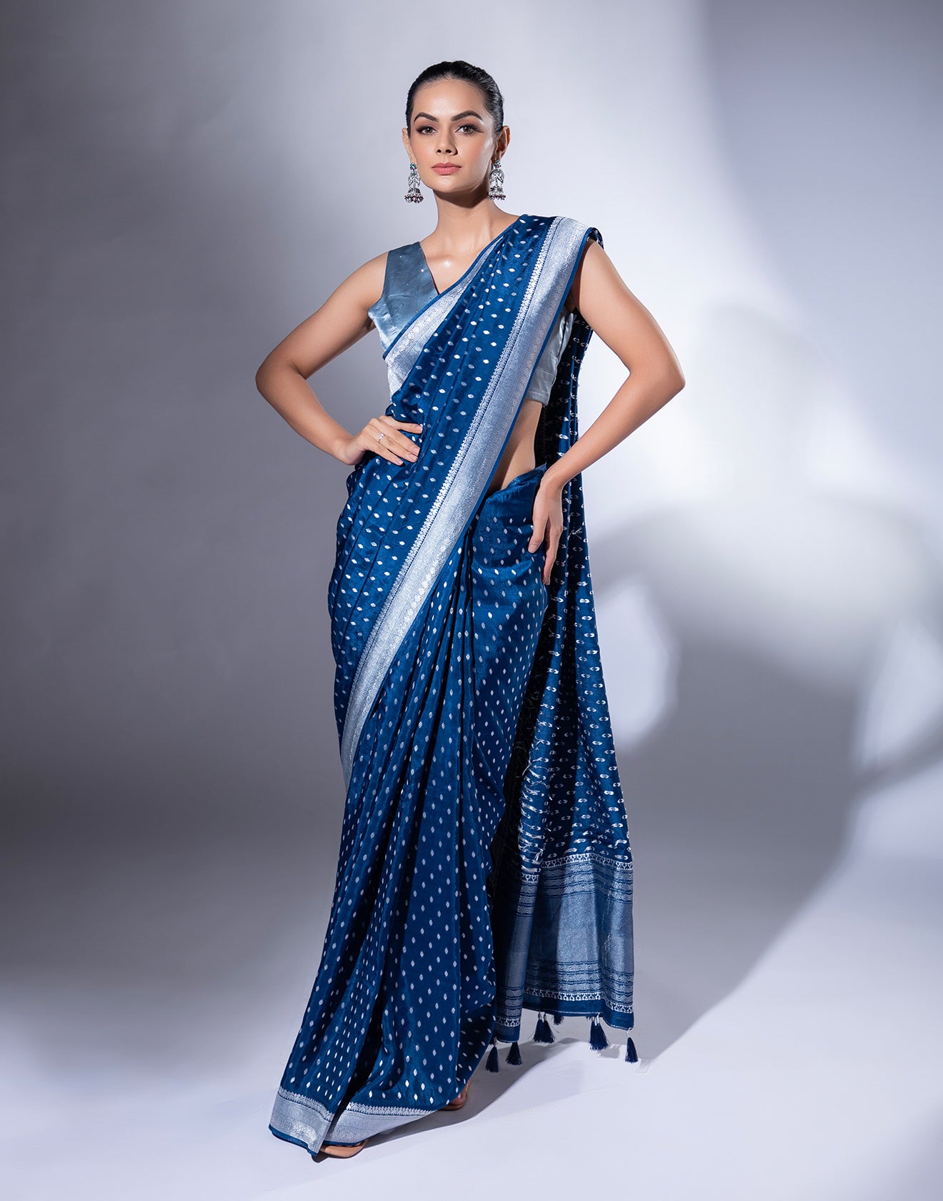 Buy Royal Blue Woven Saree In Silver Weave online – Roopkala