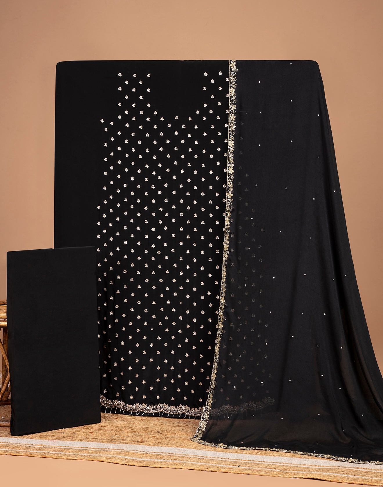 Jet Black Crepe Silk Embroidered Unstitched Suit Set – Roopkala