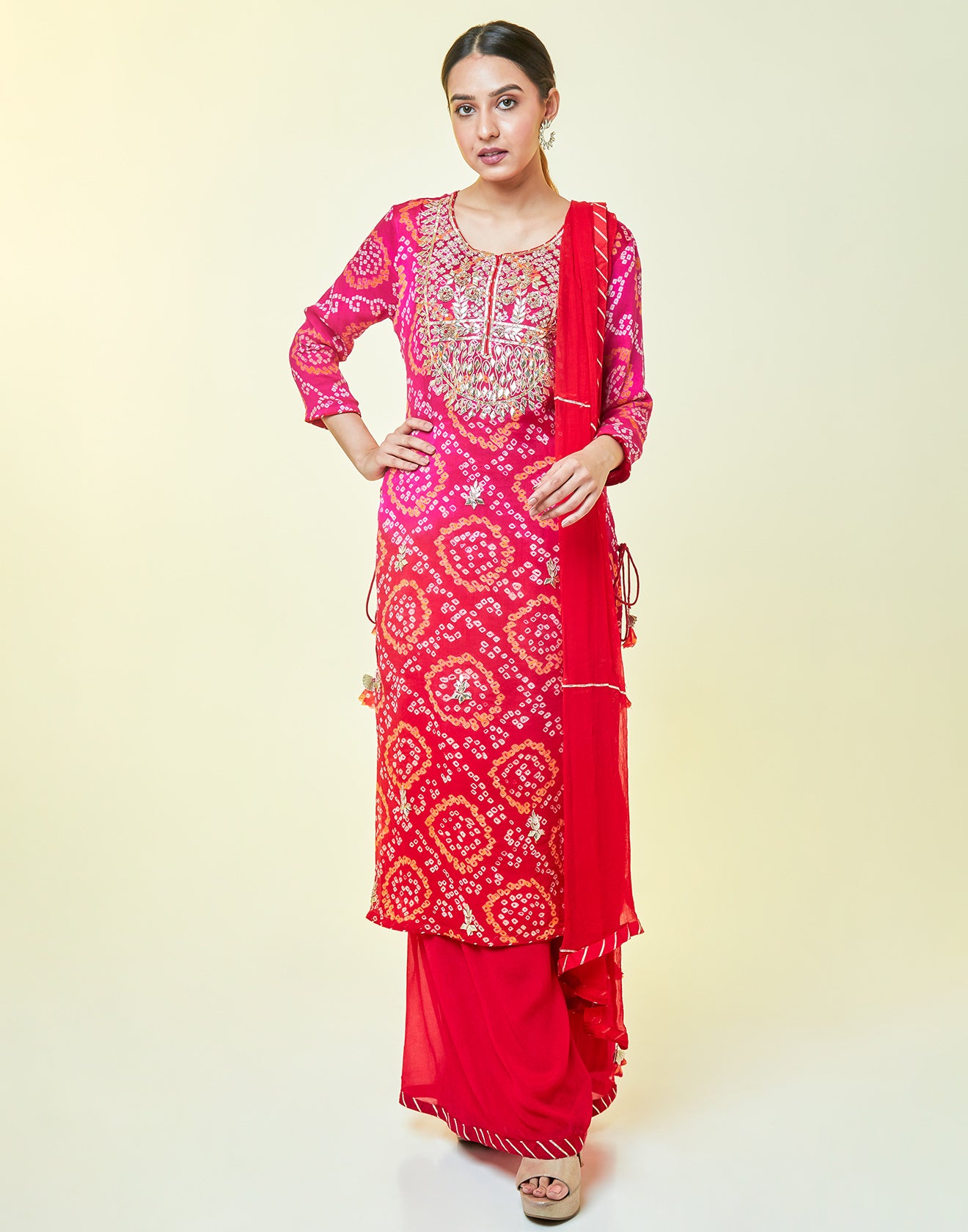 Buy Shaded pink and orange bandhani palazzo suit set – Roopkala